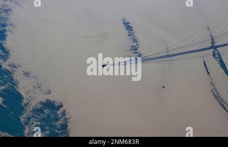 An aerial photo shows a large volume of volcanic pumice stones floating ...