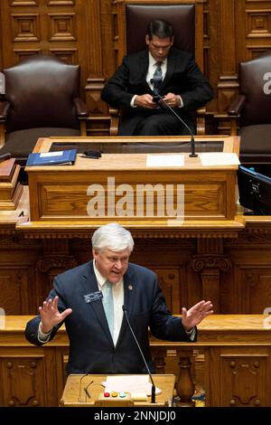 Sen. Bill Cowsert (R-Athens) speaks with Sen. Larry Walker, III, (R ...