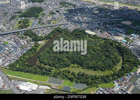 An aerial photo shows Kondagobyoyama Kofun (Nintoku Tenno Ryo) that is ...
