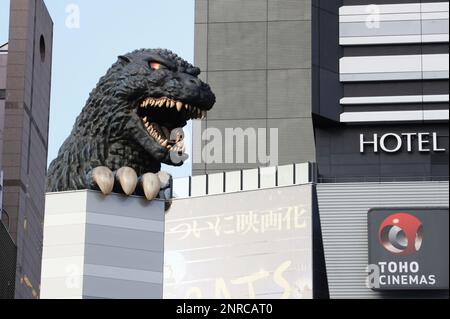 A life-sized Godzilla appears at Kabukichō in Shinjuku Ward, Tokyo on ...