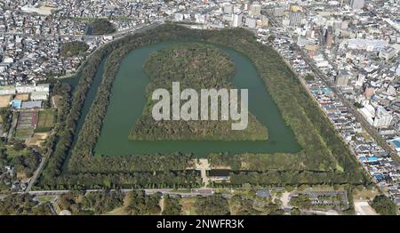 An aerial photo shows Daisen Kofun (Nintoku Tenno Ryo) that is thought ...