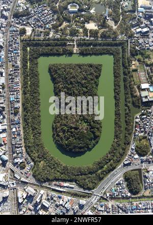 An aerial photo shows Daisen Kofun (Nintoku Tenno Ryo) that is thought ...