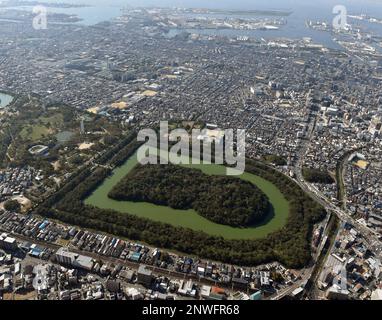 An aerial photo shows Daisen Kofun (Nintoku Tenno Ryo) that is thought ...