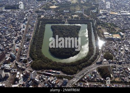 An aerial photo shows Daisen Kofun (Nintoku Tenno Ryo) that is thought ...