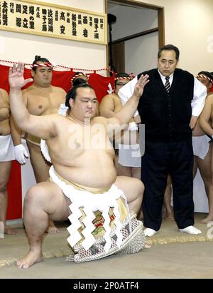 Newly yokozuna promoted Kisenosato (front C) receives a lecture how to ...