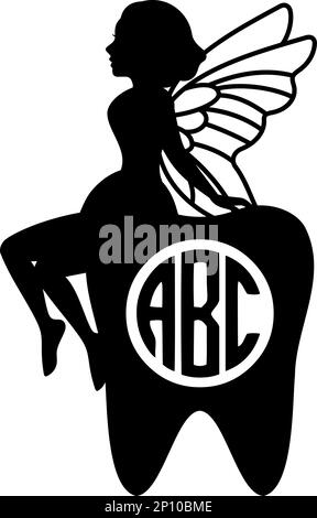 Fée assise sur la dent. Monogramme dentaire. Petite créature avec ailes ...