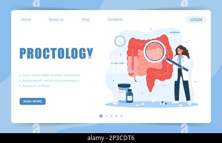 Concept de Proctologue. Femme médecin avec loupe examiner l'intestin ...