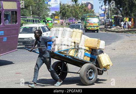 KENYA, Nairobi, trafic, mini bus matatu et transport d'eau par l'homme ...
