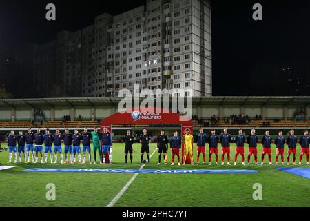 Czech players, left, and Moldovan players stand during the national ...