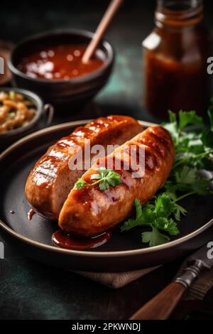 Collection de différents types de saucisses allemandes de porc et de veau à la sauce moutarde ...