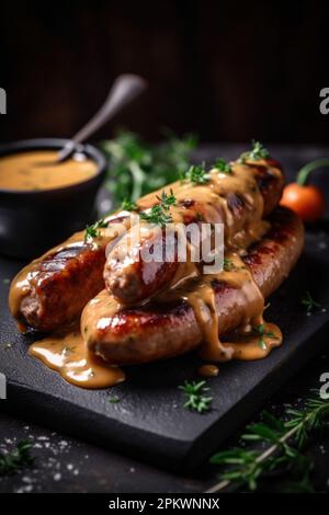 Collection de différents types de saucisses allemandes de porc et de veau à la sauce moutarde ...