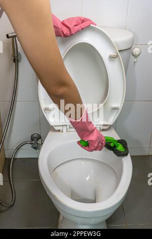 Femme nettoyant les toilettes qui sont très sales Photo Stock - Alamy