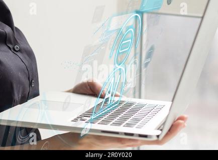 ChatGPT Chat avec ai. Femme discutant avec ai Chatbot via ordinateur ...