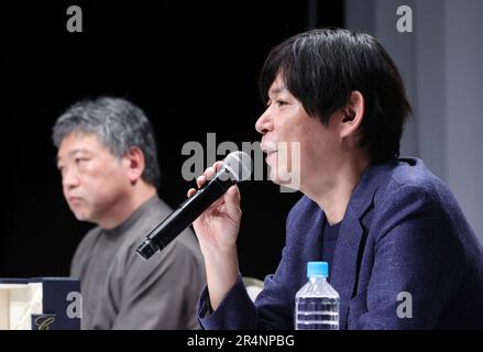 Japanese screenwriter Yuji Sakamoto speaks at a press conference after ...