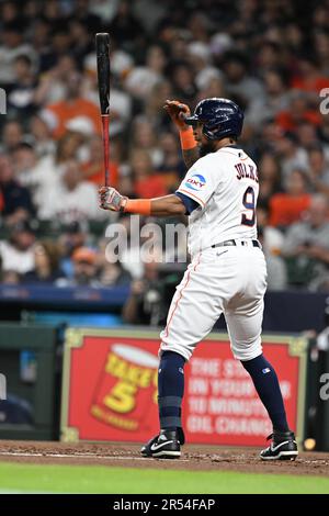 Houston Astros' Corey Julks, left, and Jeremy Pena (3) celebrate next ...