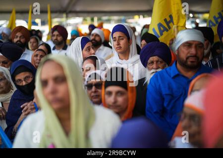 People mourn Sikh community leader and temple president Hardeep Singh Nijjar during Antim ...