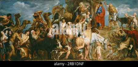 La peinture de Jacob Jordaens 'Moïse frappant l'eau du Rocher' dépeint ...