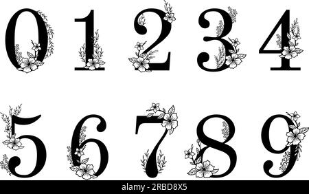 Chiffres fleuris. Nombre élégant de fleurs, date des branches florales ...