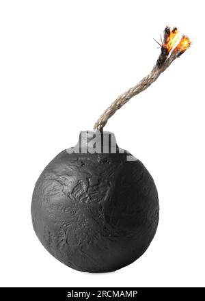 Bombe noire ronde avec fusible allumé brûlant avec des étincelles ...