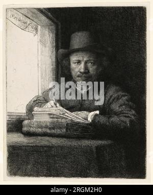 Une gravure de Rembrandt van Rijn, Self-Portrait Leading on a Stone ...
