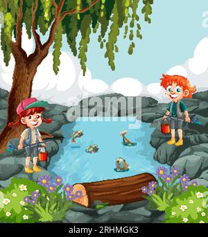 Illustration des personnages de dessin animé explorant l'étang dans la forêt Image Vectorielle ...