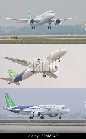 (170505) -- SHANGHAI, le 5 mai 2017 -- le grand avion de passagers C919 de Chine roule sur une ...
