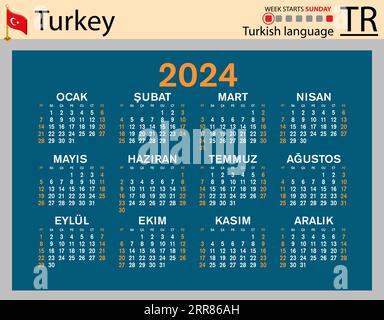 Calendrier turc horizontal de poche pour 2024 (deux mille vingt-quatre ...