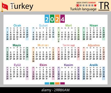 Calendrier turc horizontal de poche pour 2024 (deux mille vingt-quatre ...
