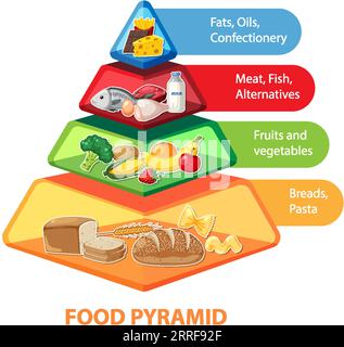 Une infographie illustrée représentant une pyramide alimentaire de dessin animé pour la ...