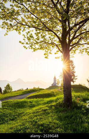 Vue sur l'église emblématique de Jamnik, avec le Mont Triglav en ...