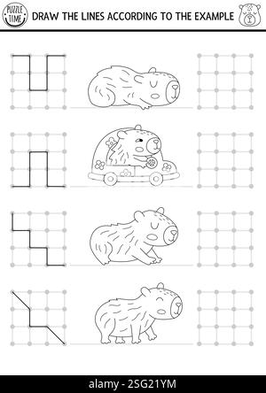 Capybara noir et blanc dessin, écriture, traçage et coloriage page pour ...
