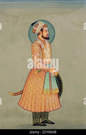 Une peinture miniature moghole représentant Shah Jahan sur une terrasse ...