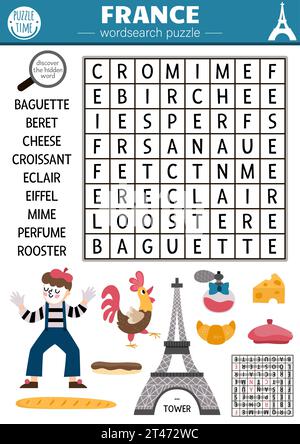 Puzzle de mots croisés Vector France pour les enfants. Quiz français ...