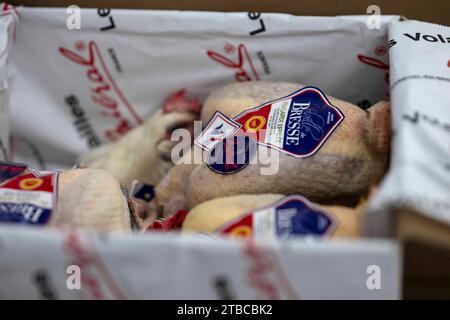 Cette photographie montre un employé qui travaille avec de la volaille ...