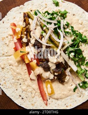 Shawarma libanais au bœuf et à l'agneau avec oignons, légumes verts et ...