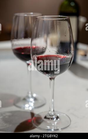 Dégustation de vin rouge sec de Saint-Emilion vieilli en fûts de chêne ...