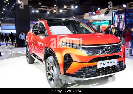 New Delhi - 1er février 2024 : la voiture Punch.ev de Tata Motors est exposée à la Bharat ...