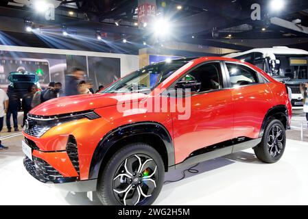 New Delhi - 1er février 2024 : la voiture Punch.ev de Tata Motors est exposée à la Bharat ...