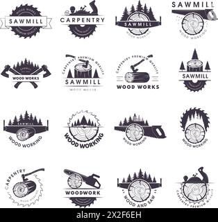 Boiseries vintage, étiquettes vectorielles de scierie, logos, badges et ...