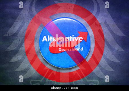 FOTOMONTAGE, Anstecker mit AFD-logo und Verbotsschild mit Fragezeichen ...