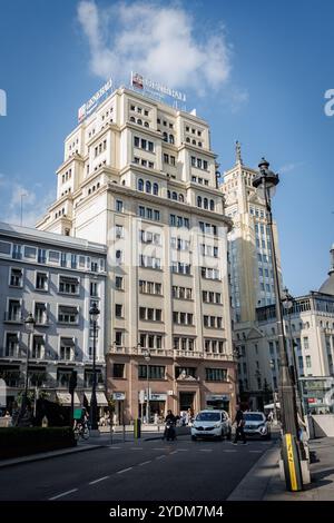 Madrid, 23/09/2024. Bâtiment Generali au 21 rue Alcalá, dans la zone autour de la Plaza ...