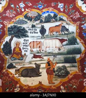 La fresque de Gurdwara Baba Atal, peinte au XIXe siècle, représente une scène de la vie de Guru ...