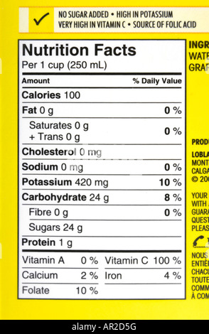 Étiquette de la valeur nutritive Photo Stock - Alamy