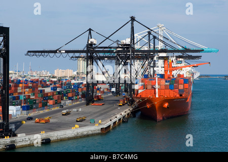 Dockers et portiques décharger un navire porte-conteneurs qu'il quais ...