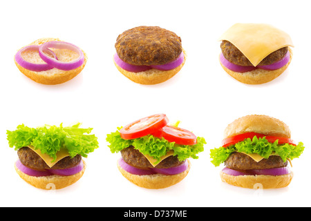 Processus de fabrication de hamburger, étape par étape isolé sur fond ...