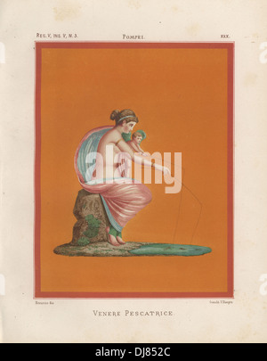 Fresque de Vénus et Cupidon avec tiges de pêche d'un étang dans la ...