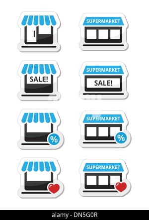 Icônes du centre commercial et du bâtiment des magasins. Pictogrammes ...