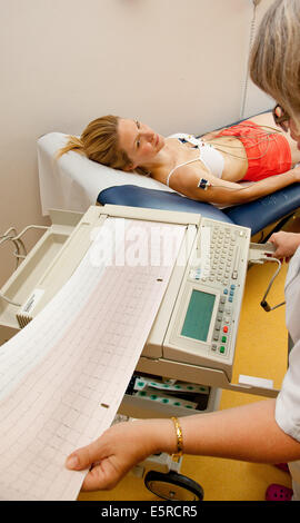 Femme l'objet d'un examen d'électrocardiographie (ECG), Département de ...