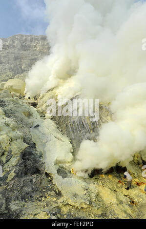 Les personnes qui reçoivent le soufre du le cratère du volcan Ijen sur ...