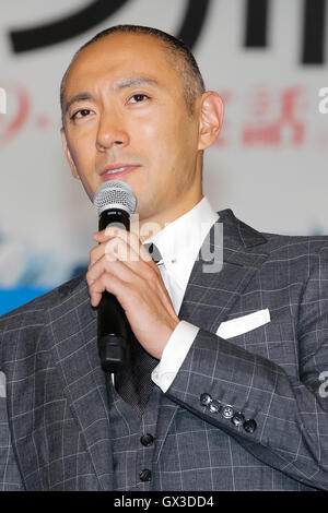 Kabuki actor Ebizo Ichikawa speaks during a press conference at a hotel ...